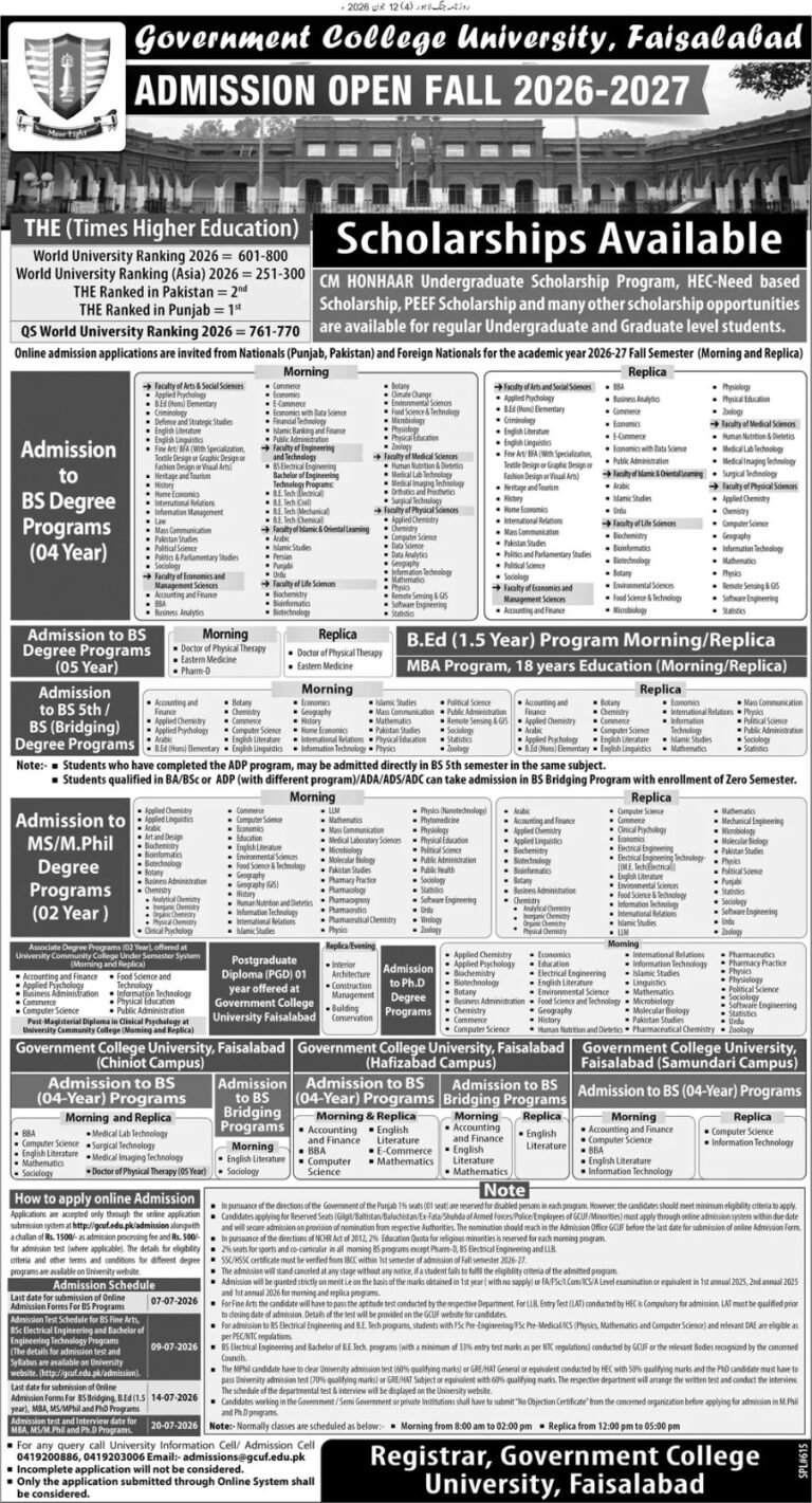 Government College University Faisalabad Admission Fall 2026